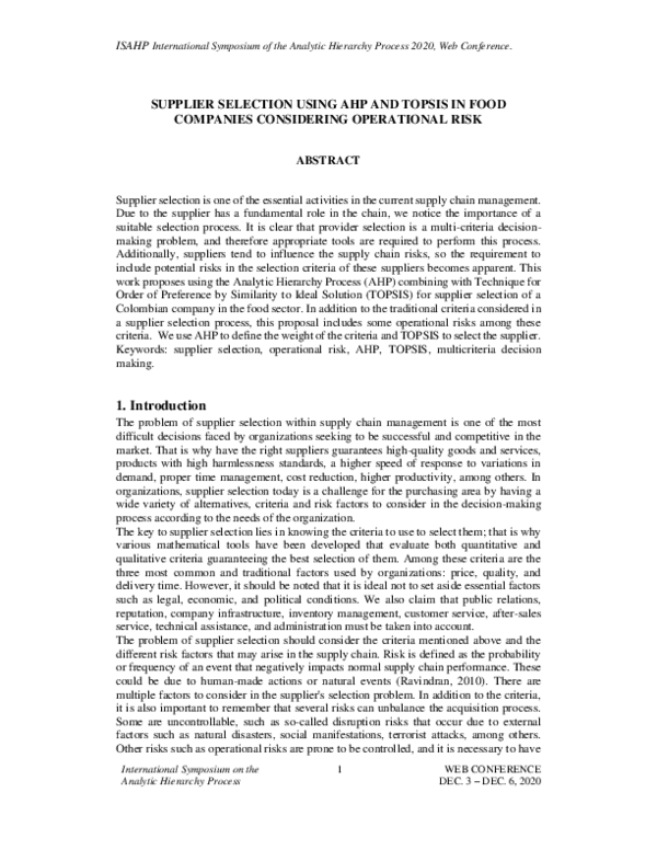 Pdf Supplier Selection Using Ahp And Topsis In Food Companies