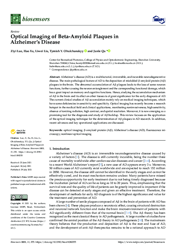 (PDF) Optical Imaging of Beta-Amyloid Plaques in Alzheimer’s Disease