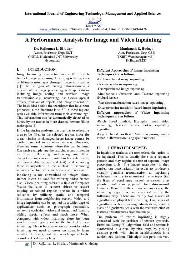 (PDF) A Performance Analysis for Image and Video Inpainting