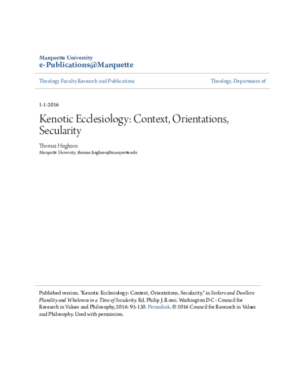 (PDF) Kenotic Ecclesiology: Context, Orientations, Secularity