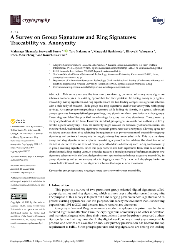 (PDF) A Survey on Group Signatures and Ring Signatures: Traceability vs ...