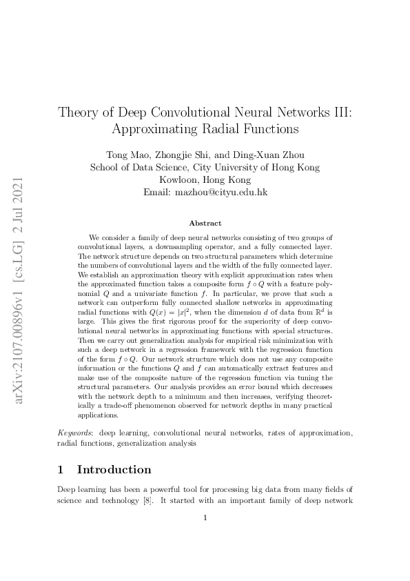 (PDF) Theory of deep convolutional neural networks III: Approximating radial functions | Ding ...