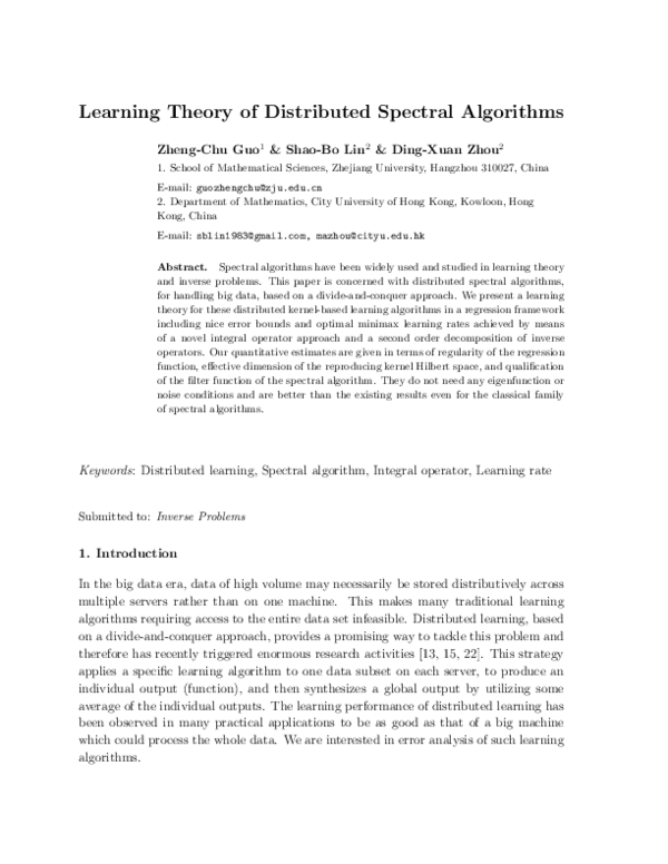(PDF) Learning theory of distributed spectral algorithms