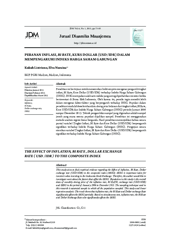 (PDF) Peranan Inflasi, Bi Rate, Kurs Dollar (Usd/Idr) Dalam Mempengaruhi Indeks Harga Saham ...