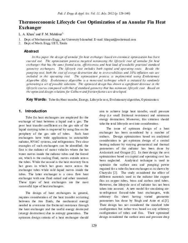 (PDF) Thermoeconomic Lifecycle Cost Optimization of an Annular Fin Heat Exchanger