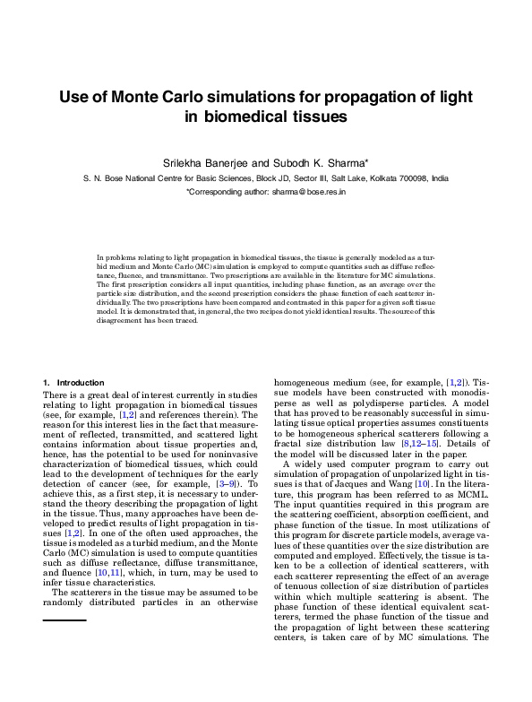 (PDF) Use of Monte Carlo simulations for propagation of light in biomedical tissues