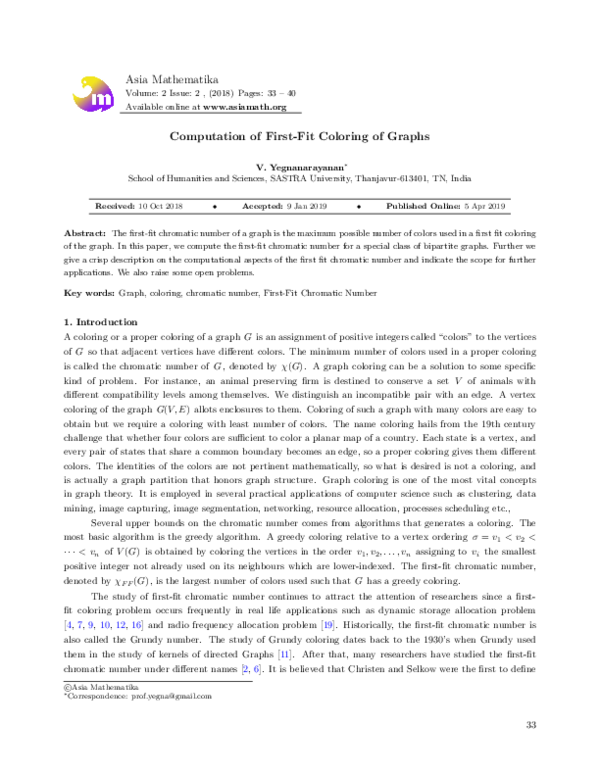 (PDF) Computation of First-Fit Coloring of Graphs