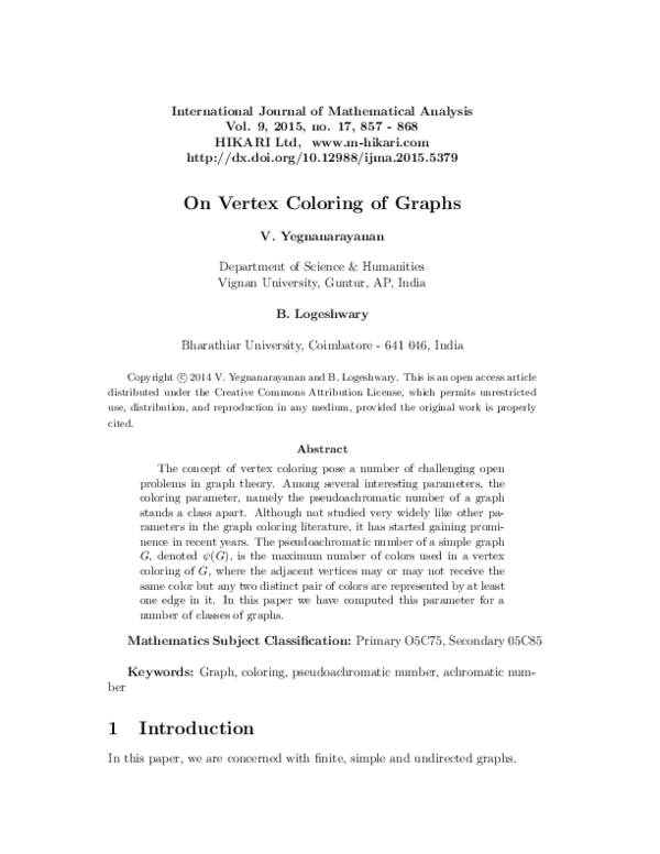 (PDF) On Vertex Coloring of Graphs