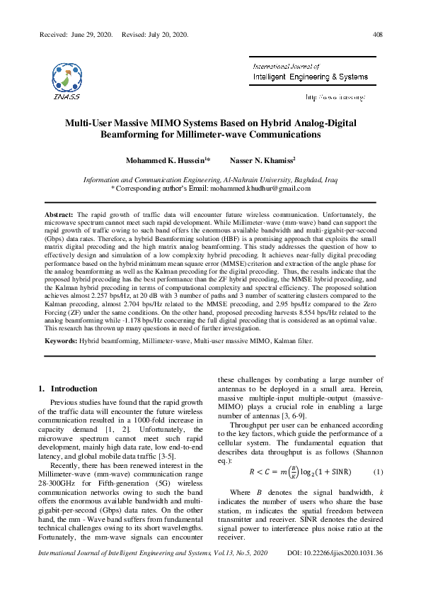 (PDF) Multi-User Massive MIMO Systems Based on Hybrid Analog-Digital Beamforming for Millimeter ...