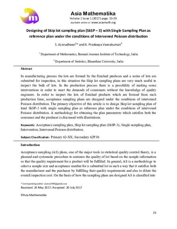 (PDF) Designing of Skip lot sampling plan (SkSP – 3) with Single ...