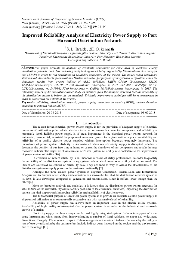 (PDF) Improved reliability analysis of electricity power supply to Port Harcourt distribution ...