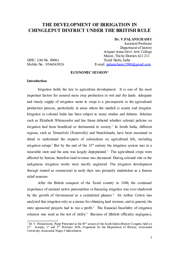 (DOC) The Development of Irrigation In Chingleput District under the ...