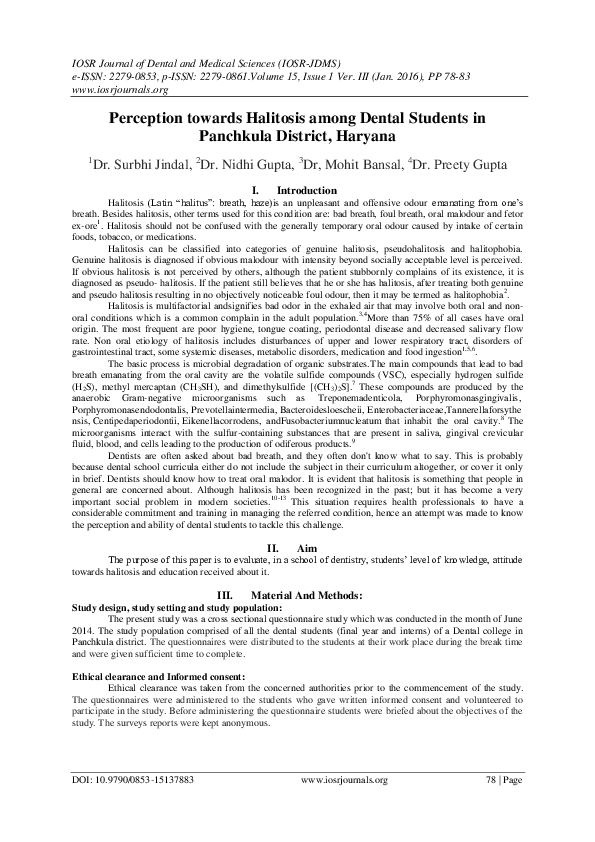 (PDF) Perception towards Halitosis among Dental Students in Panchkula ...