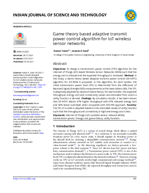 (PDF) Game theory based adaptive transmit power control algorithm for IoT wireless sensor networks