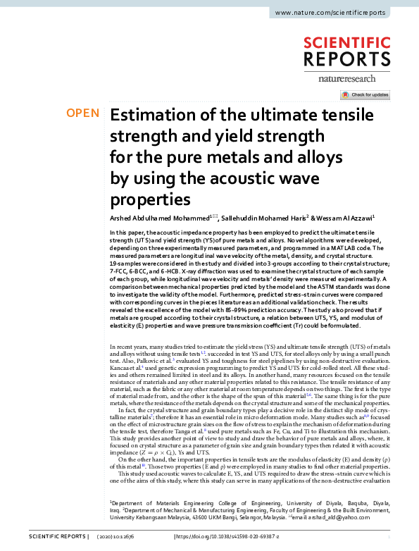 (PDF) Estimation of the ultimate tensile strength and yield strength for the pure metals and ...