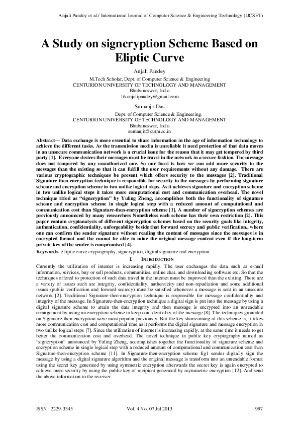 (PDF) A Study on signcryption Scheme Based on Eliptic Curve