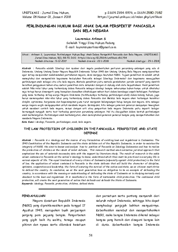 (PDF) Perlindungan Hukum Bagi Anak dalam Perspektif Pancasila dan Bela Negara | laurensius ...