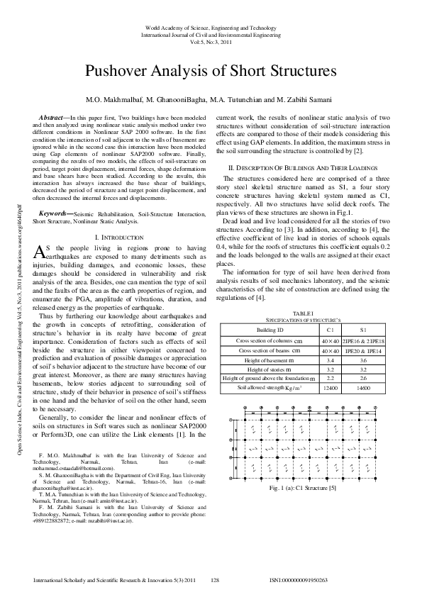 (PDF) Pushover Analysis of Short Structures