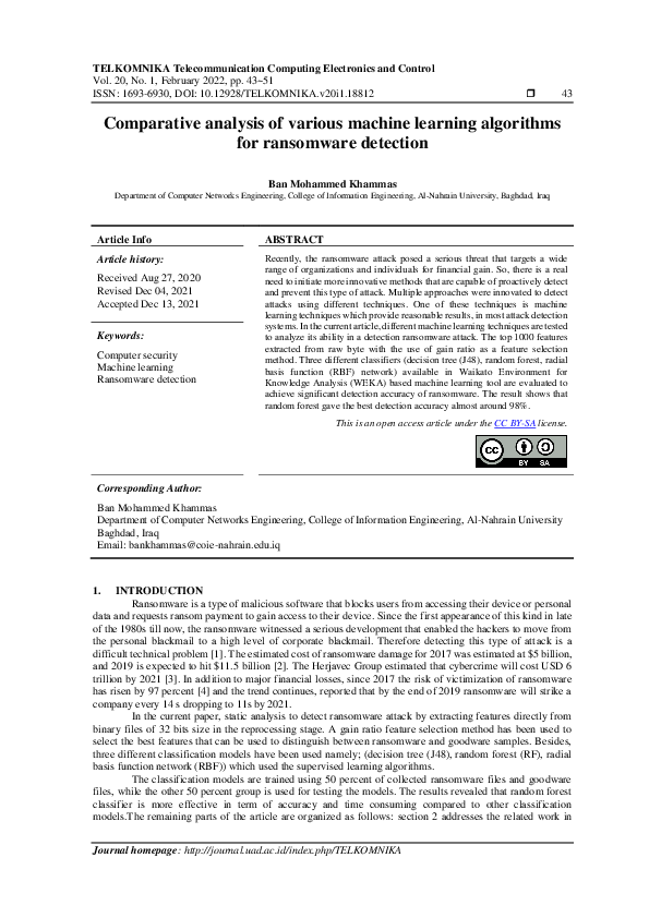 Pdf Comparative Analysis Of Various Machine Learning Algorithms For Ransomware Detection