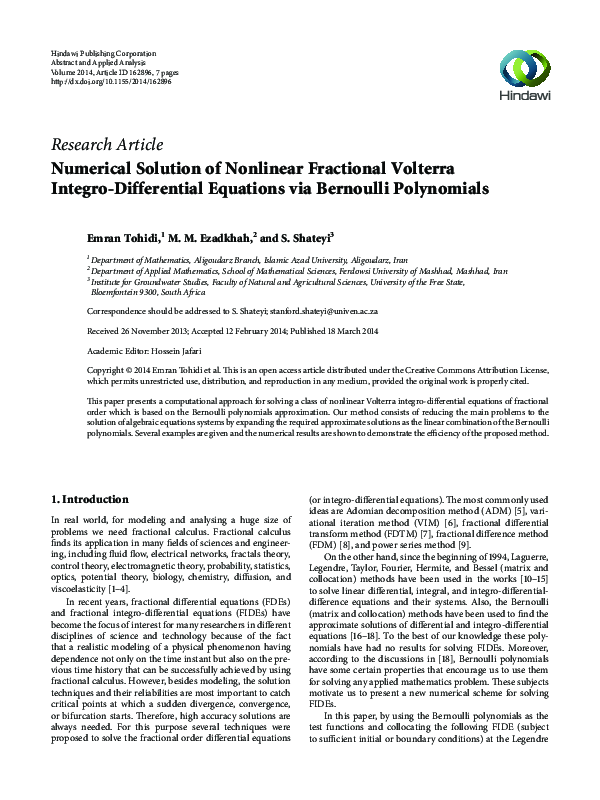Pdf Numerical Solution Of Nonlinear Fractional Volterra Integro Differential Equations Via