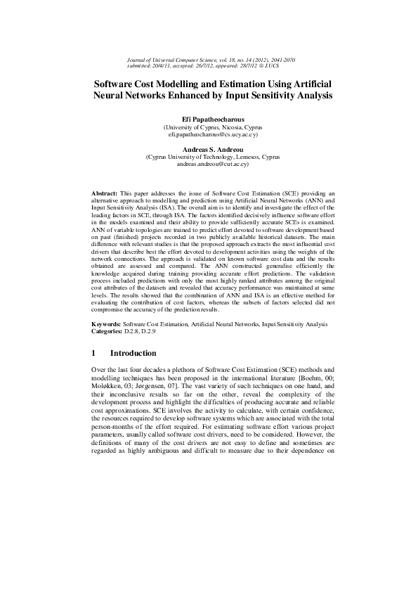 Pdf Software Cost Modelling And Estimation Using Artificial Neural Networks Enhanced By Input