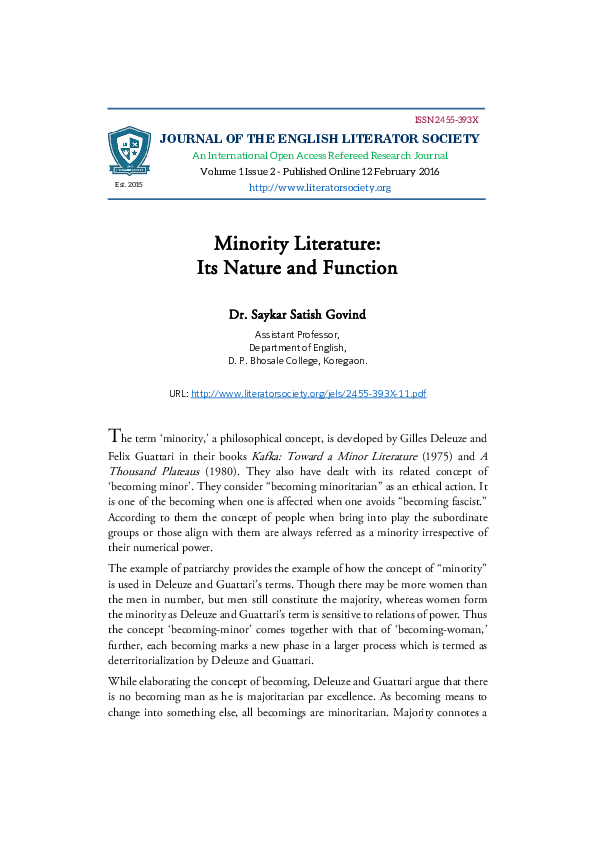 (PDF) Minority Literature: Its Nature and Function
