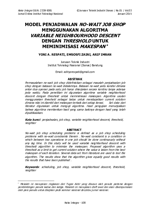 (PDF) Model Penjadwalan No-Wait Job Shop Menggunakan Algoritma Variable ... (PDF) Model Penjadwalan No-Wait Job Shop Menggunakan Algoritma Variable ...