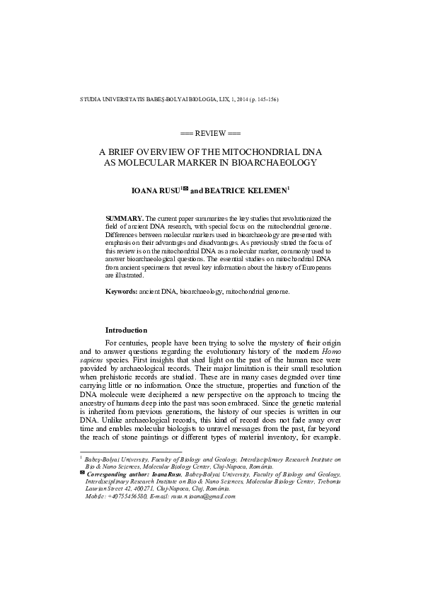 (PDF) A Brief Overview of the Mitochondrial Dna as Molecular Marker in ...