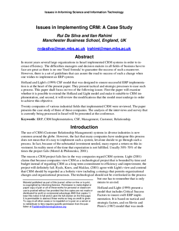 (PDF) Issues in Informing Science and Information Technology Issues in Implementing CRM: A Case ...