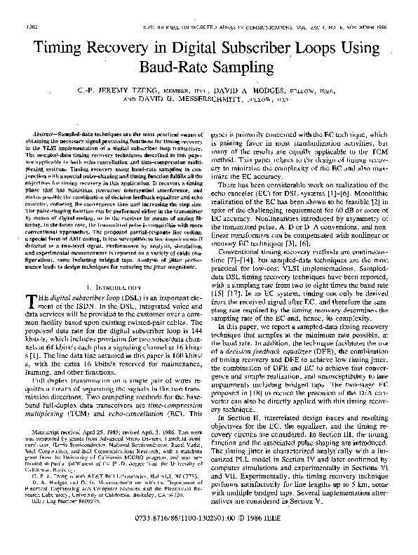 (PDF) Timing Recovery in Digital Subscriber Loops Using Baud-Rate Sampling