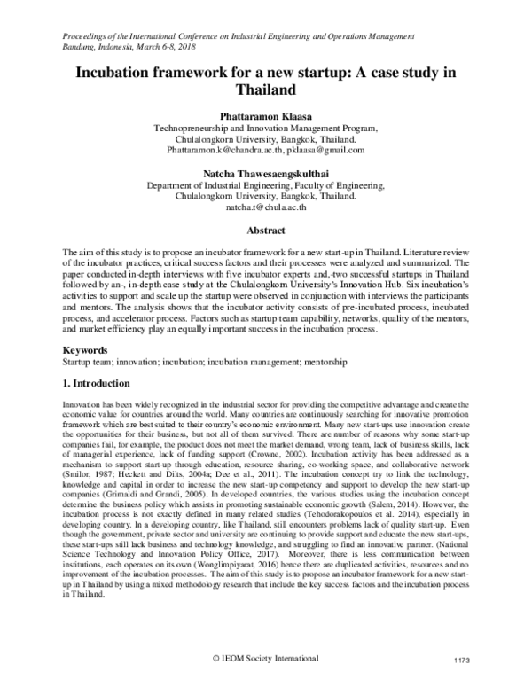 (PDF) Incubation framework for a new startup : A case study in Thailand