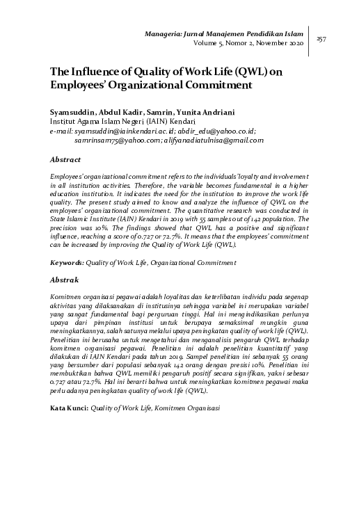 (PDF) The Influence of Quality of Work Life (QWL) on Employees ...