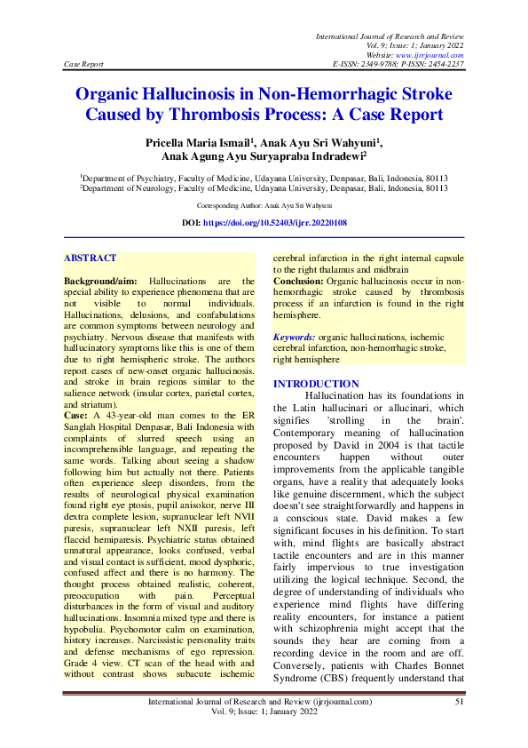 (PDF) Organic Hallucinosis in Non-Hemorrhagic Stroke Caused by ...