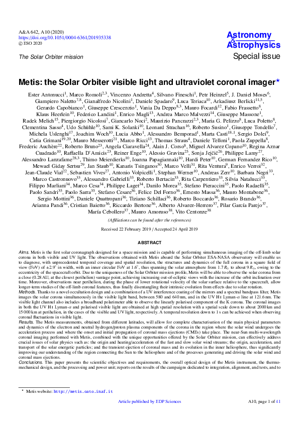 (PDF) Metis: the Solar Orbiter visible light and ultraviolet coronal imager