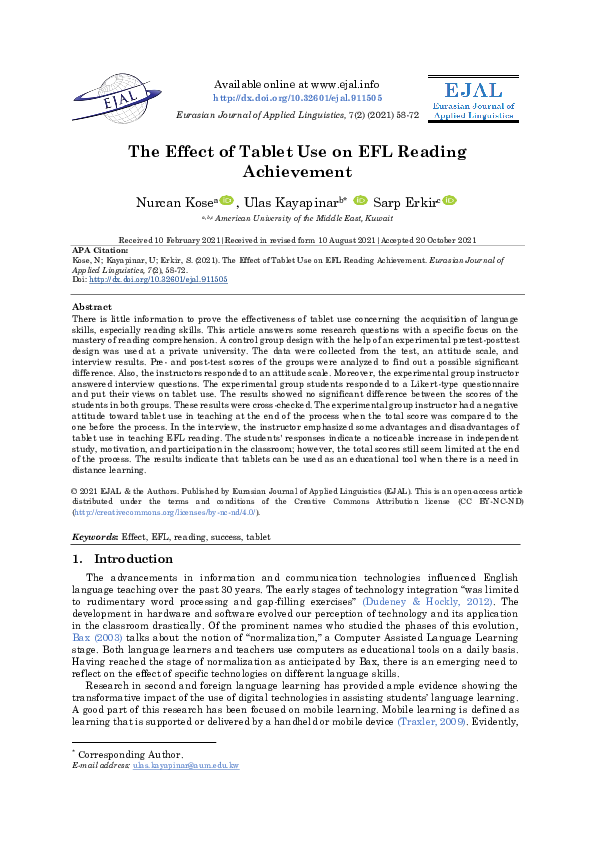 (PDF) The Effect of Tablet Use on EFL Reading Achievement