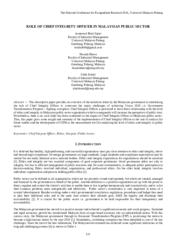 (PDF) Role of Chief Integrity Officer in Malaysian Public Sector