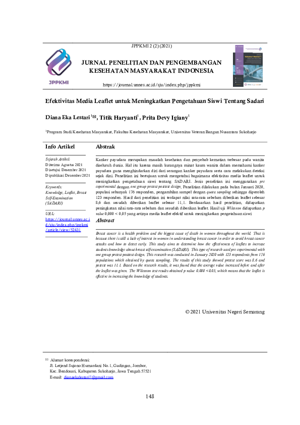 (PDF) Efektivitas Media Leaflet untuk Meningkatkan Pengetahuan Siswi Tentang Sadari