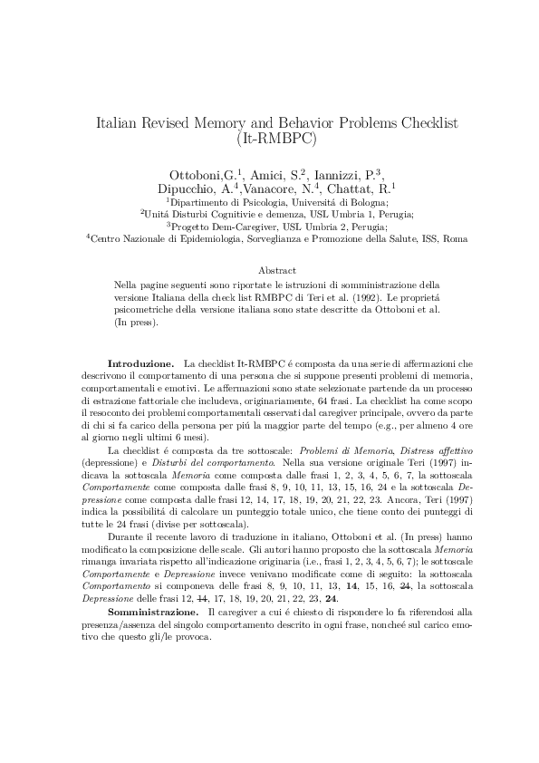 (PDF) Italian revised memory and behavior problems checklist (It-RMBPC): validation and ...