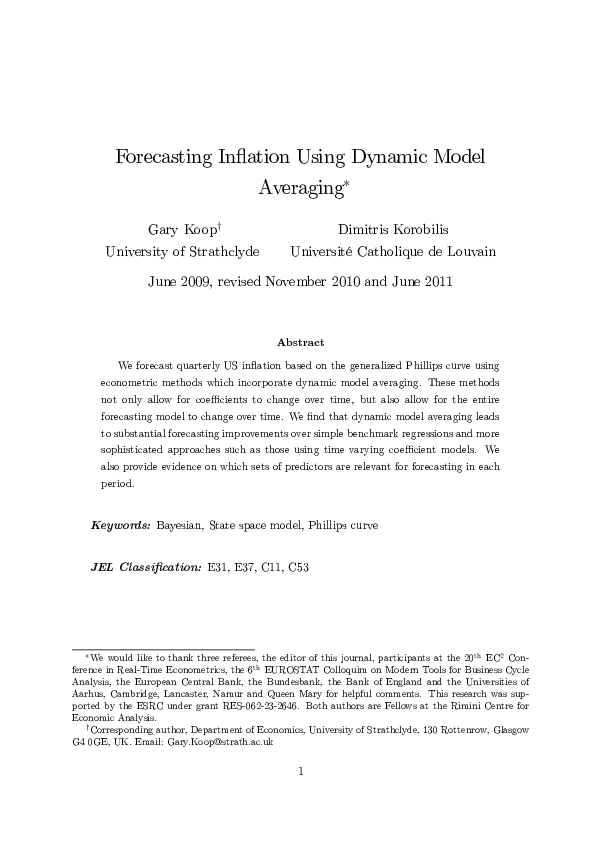 Pdf Forecasting In‡ation Using Dynamic Model Averaging ”working Paper Series 34 09 Rimini