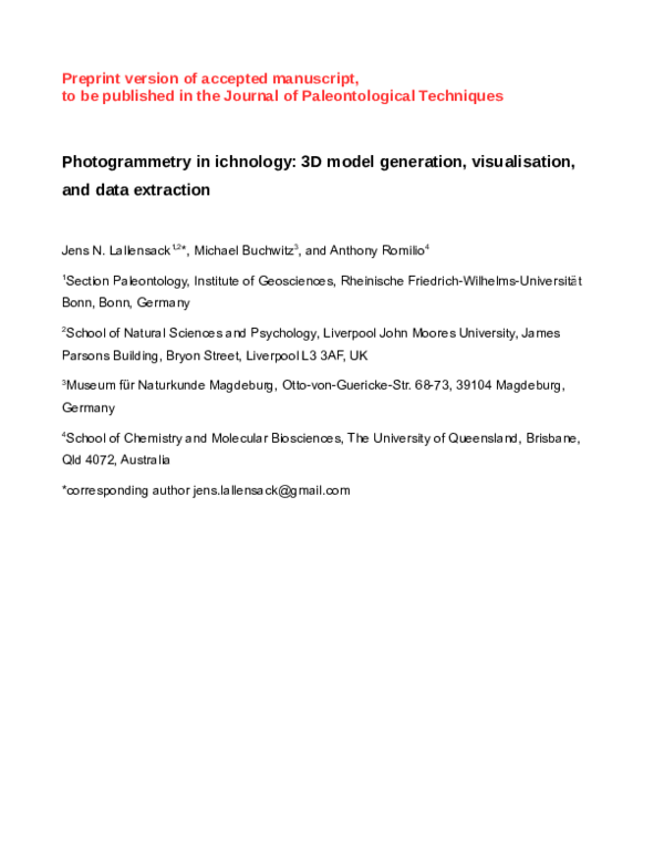 (PDF) Photogrammetry in ichnology: 3D model generation, visualisation ...