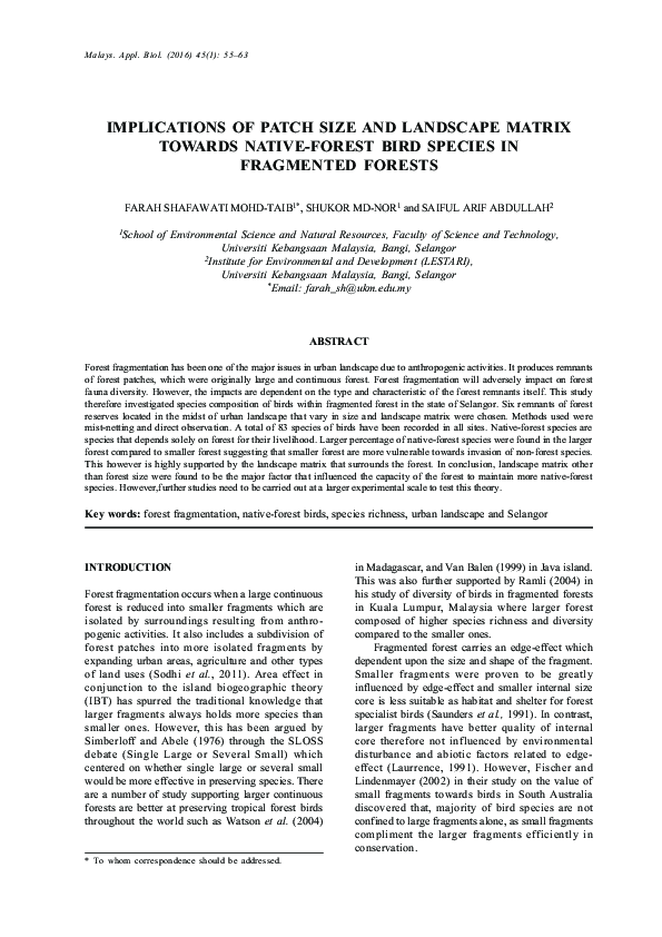 (PDF) Implications of patch size and landscape matrix towards native ...