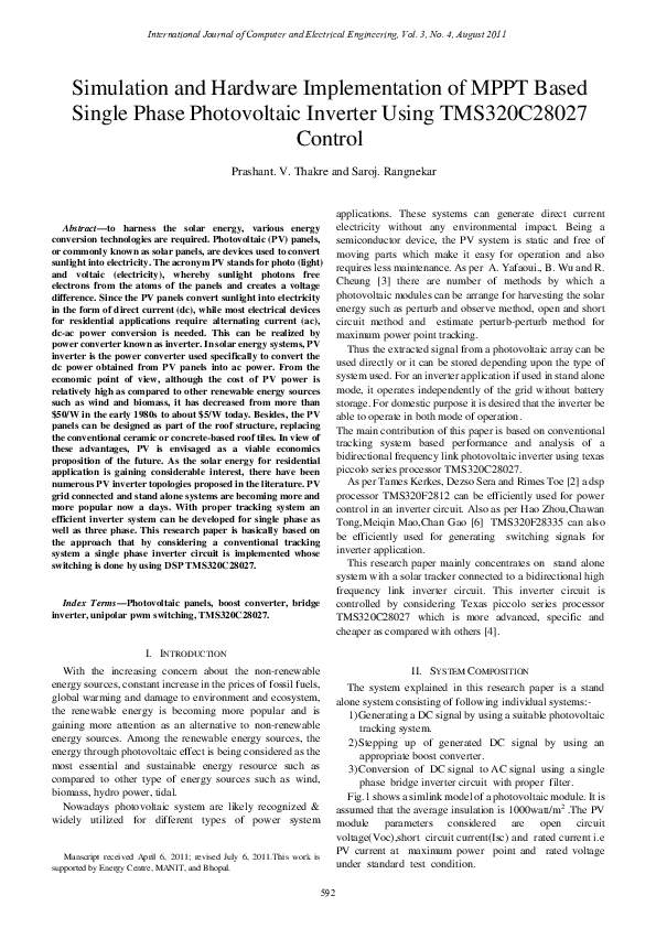 Pdf Simulation And Hardware Implementation Of Mppt Based Single Phase Photovoltaic Inverter 