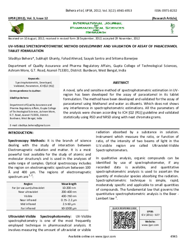 Pdf Banerjee S Uv Visible Spectrophotometric Method Development And Validation Of Assay Of