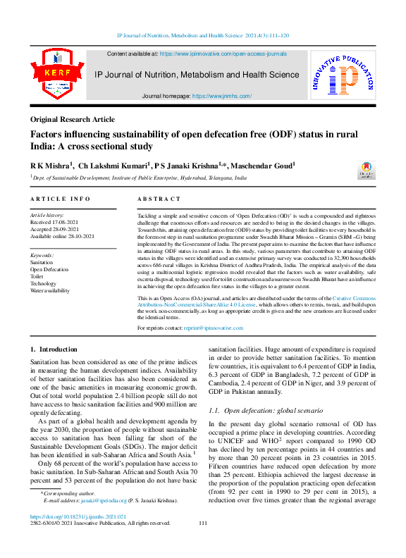 (PDF) Factors influencing sustainability of open defecation free (ODF ...
