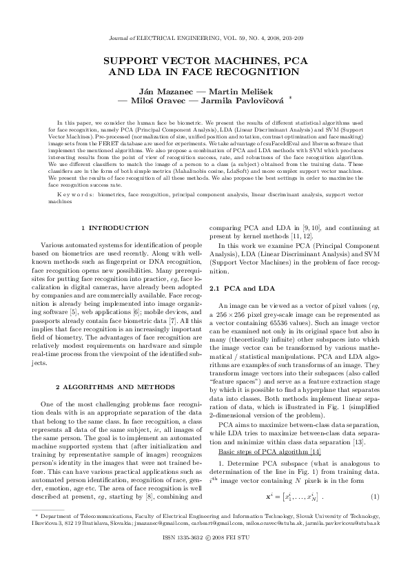 (PDF) Support Vector Machines, Pca and Lda in Face Recognition