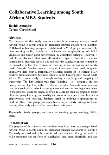 (PDF) Collaborative Learning among South African MBA Students