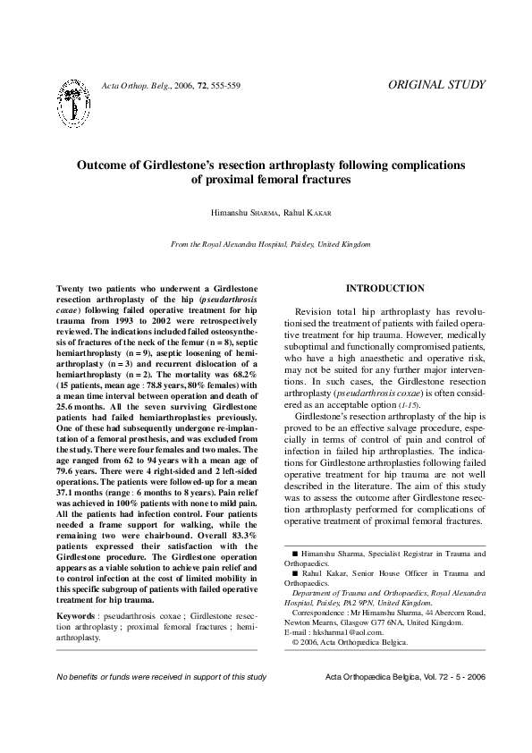 (PDF) Outcome of Girdlestone's Resection Arthroplasty Following ...