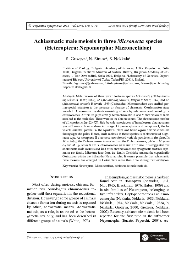 (PDF) Achiasmatic male meiosis in three Micronecta species (Heteroptera ...