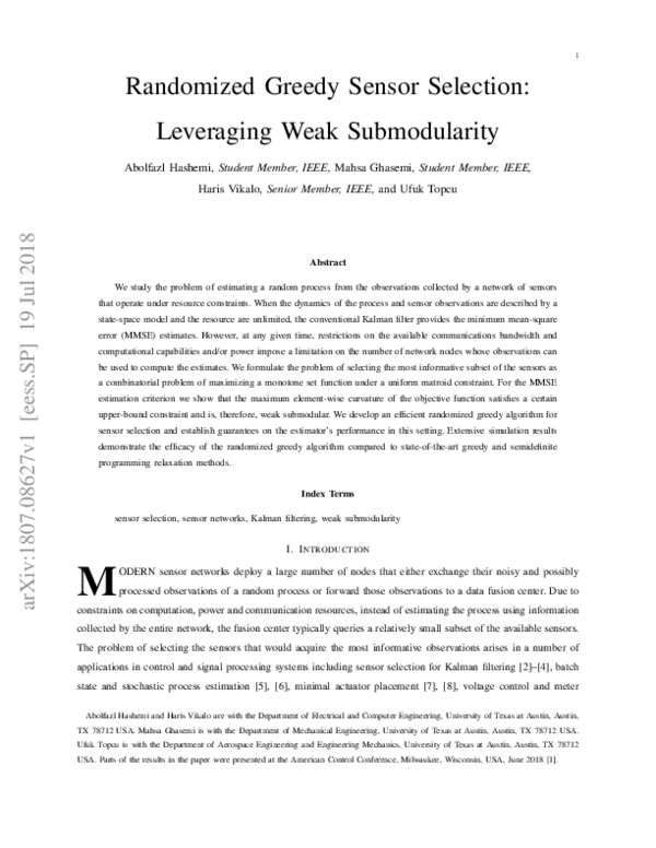 (PDF) Randomized Greedy Sensor Selection: Leveraging Weak Submodularity
