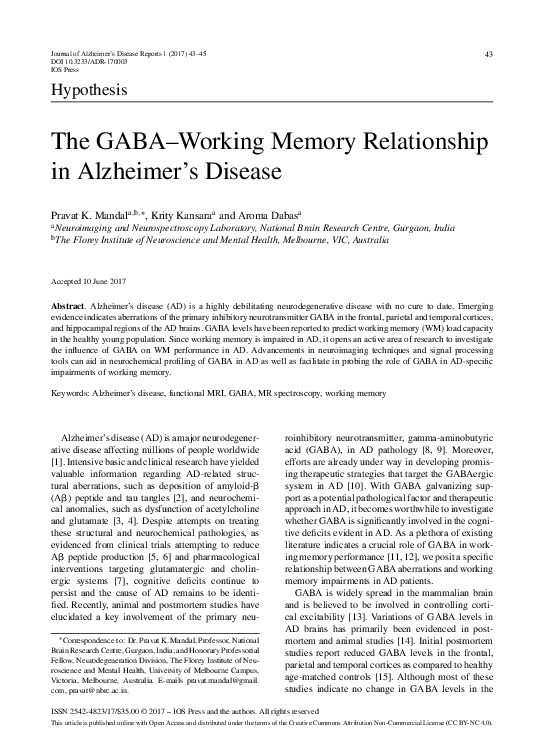 (PDF) The GABA–Working Memory Relationship in Alzheimer’s Disease
